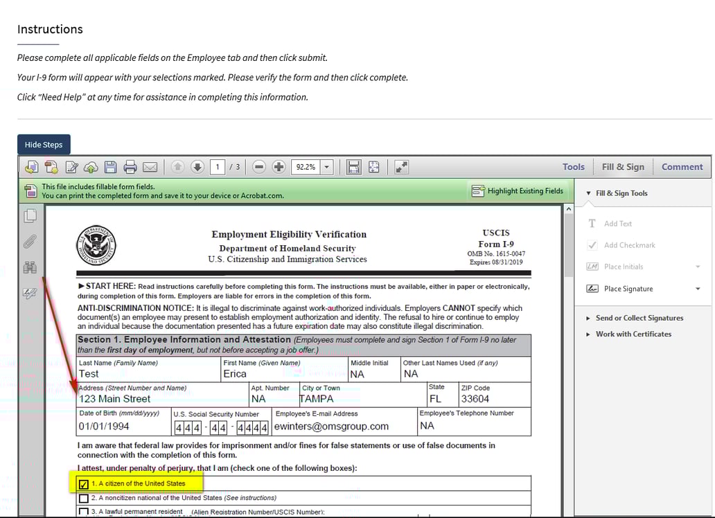 How do I, an employee, fill out an I9 form within the payroll system?